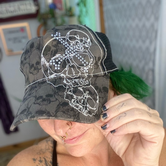 Accessories | Y2k Style Gray Black White Embroidered Skull Embellished ...